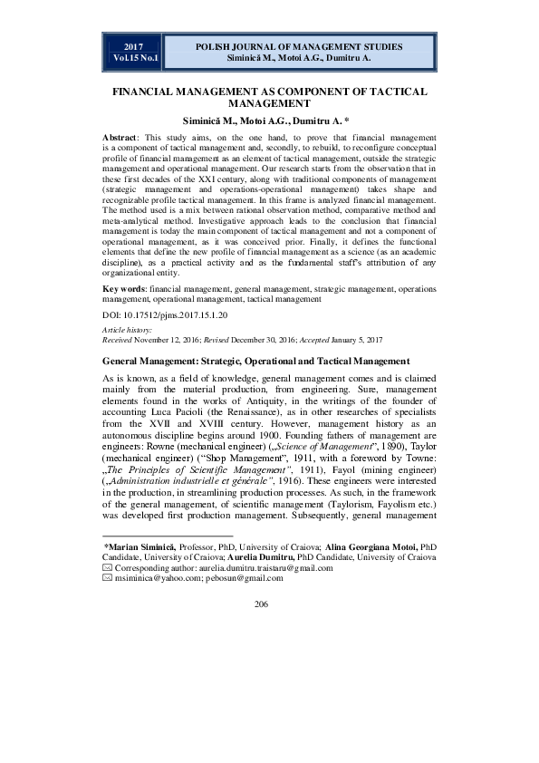 (PDF) Financial Management as Component of Tactical Management