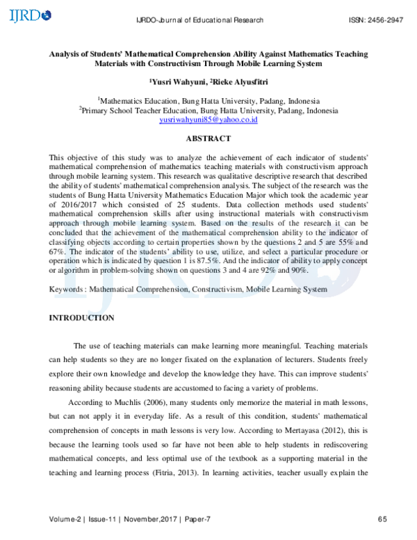 (PDF) Analysis of Students’ Mathematical Comprehension Ability Against Mathematics Teaching ...