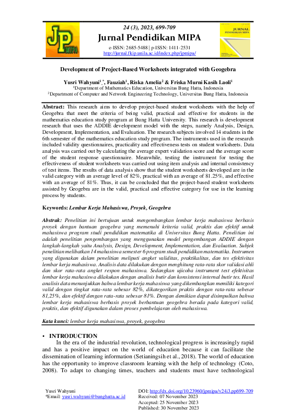 (PDF) Development of Project-Based Worksheets Integrated with Geogebra | Yusri Wahyuni ...