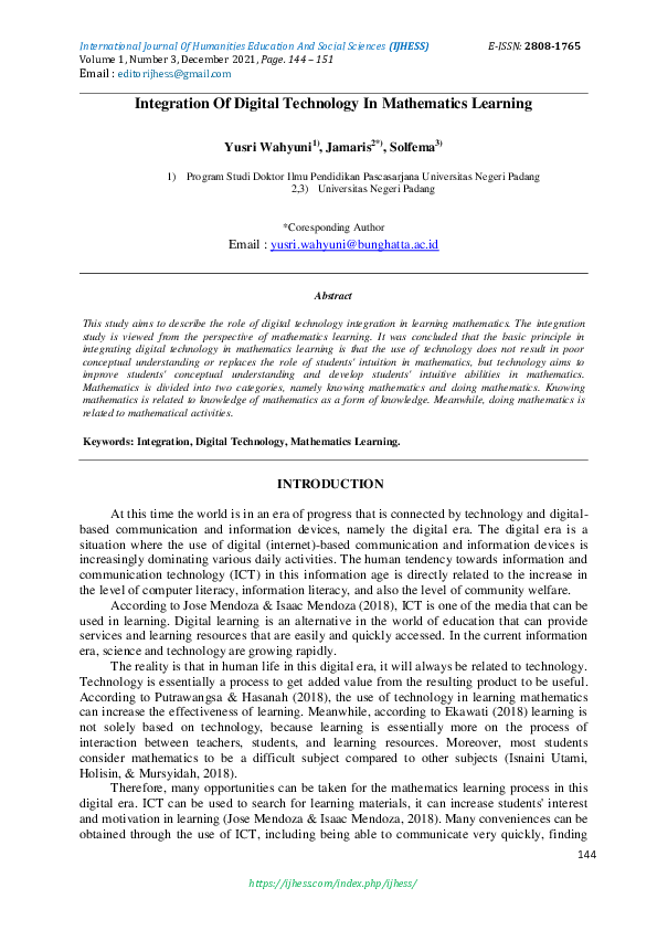 (PDF) Integration Of Digital Technology In Mathematics Learning
