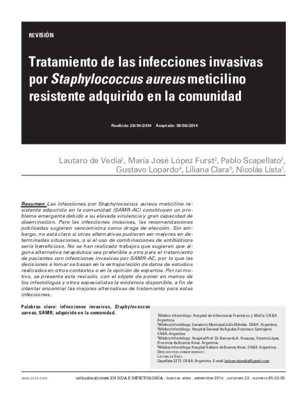 (PDF) Tratamiento de las infecciones invasivas por Staphylococcus aureus meticilino resistente ...