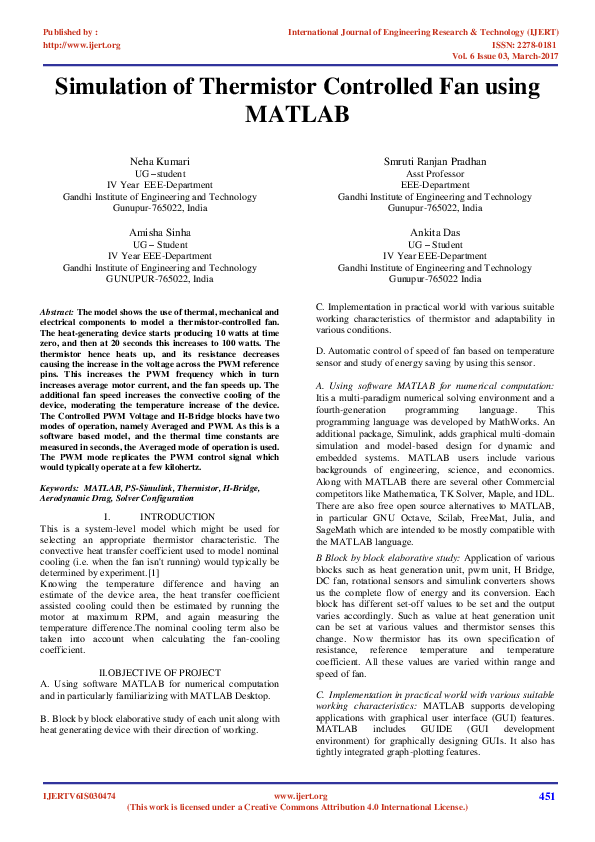 (PDF) Simulation of Thermistor Controlled Fan using MATLAB