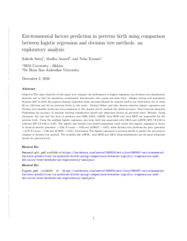 (PDF) Environmental factors prediction in preterm birth using comparison between logistic ...