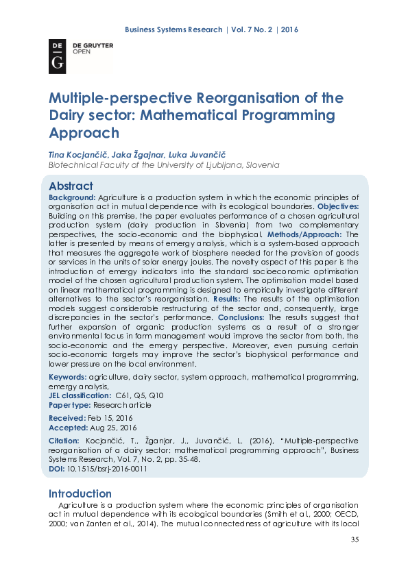 (PDF) Multiple-perspective Reorganisation of the Dairy sector: Mathematical Programming Approach