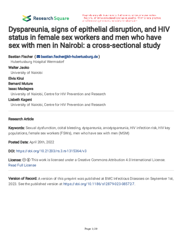 Pdf Dyspareunia Signs Of Epithelial Disruption And Hiv Status In 7582