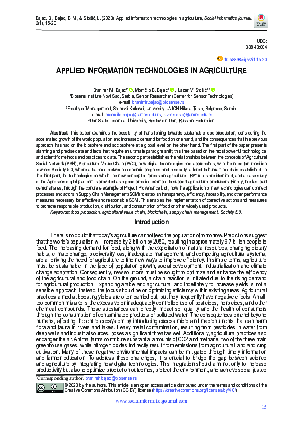 (PDF) Applied Information Technologies in Agriculture