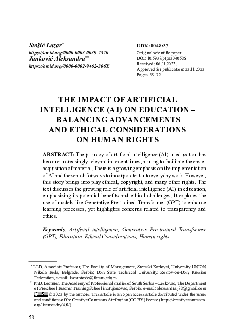 (PDF) The impact of artificial intelligence (AI) on education: Balancing advancements and ...
