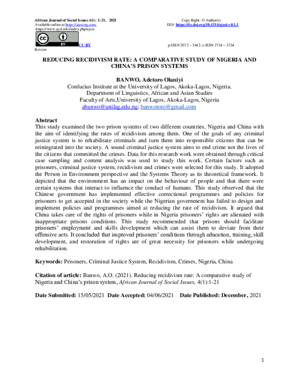 (PDF) Reducing recidivism rate: A comparative study of Nigeria and ...