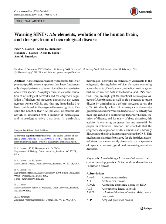 (PDF) Warning SINEs: Alu elements, evolution of the human brain, and ...