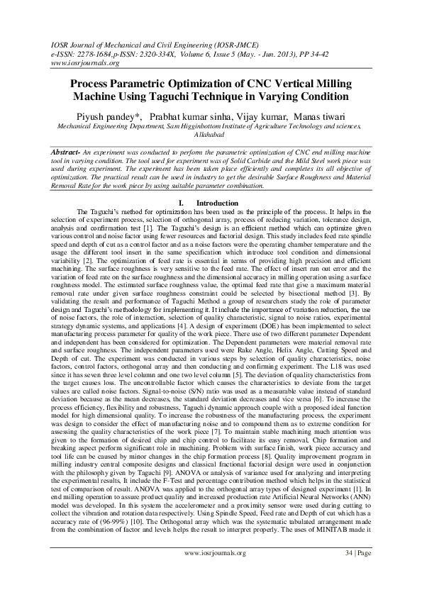 Pdf Process Parametric Optimization Of Cnc Vertical Milling Machine Using Taguchi Technique In
