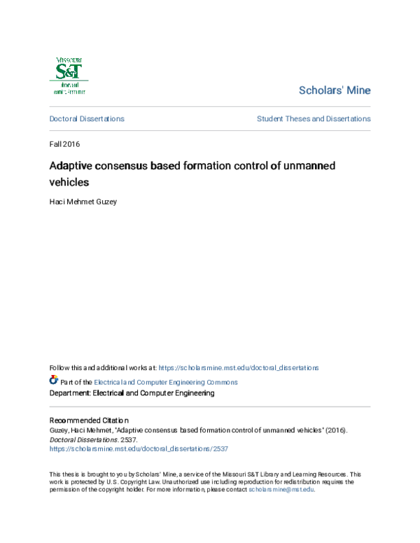 Pdf Adaptive Consensus Based Formation Control Of Unmanned Vehicles