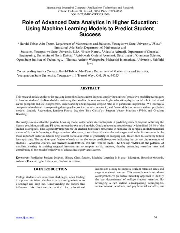 (PDF) Role of Advanced Data Analytics in Higher Education: Using Machine Learning Models to ...