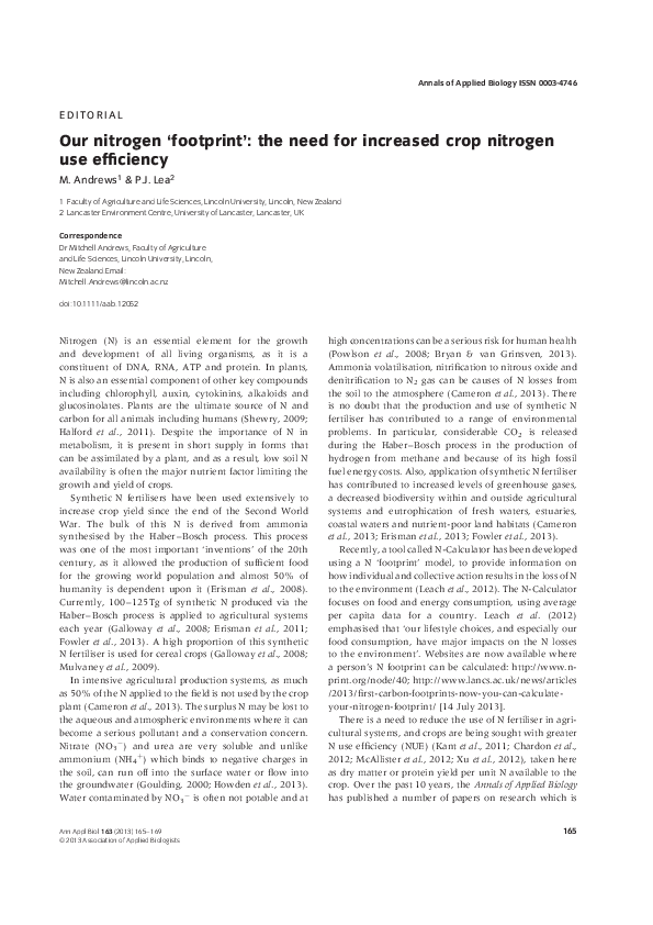 (PDF) Our nitrogen ‘footprint’: the need for increased crop nitrogen ...