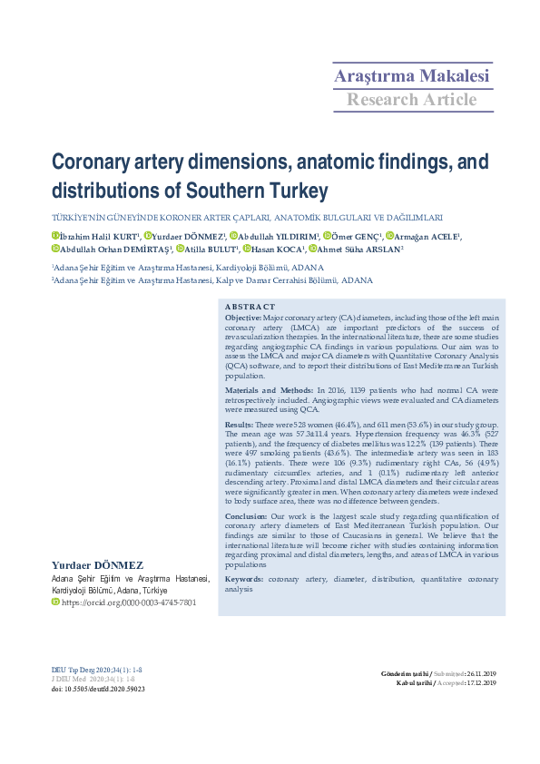 (PDF) Coronary Artery Dimensions, Anatomic Findings and Distributions ...