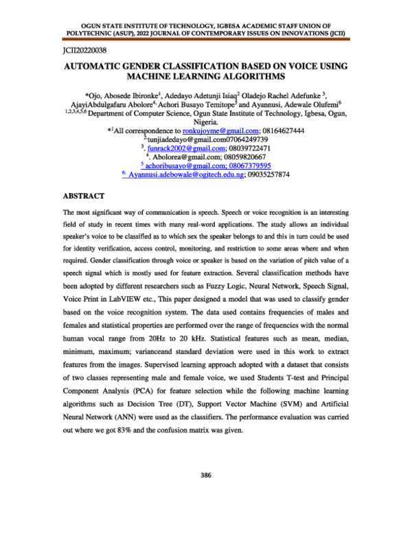 (PDF) AUTOMATIC GENDER CLASSIFICATION BASED ON VOICE USING MACHINE LEARNING ALGORITHMS