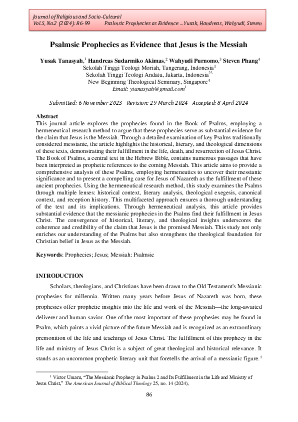 (PDF) Psalmsic Prophecies as Evidence that Jesus is the Messiah