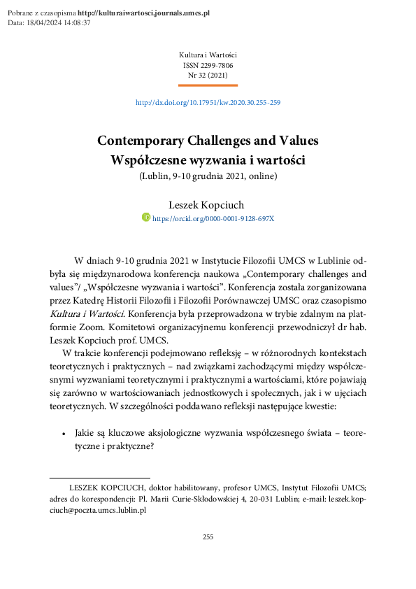 (PDF) Contemporary Challenges and Values