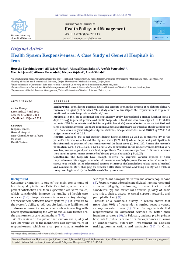 (PDF) Health System Responsiveness: A Case Study of General Hospitals ...