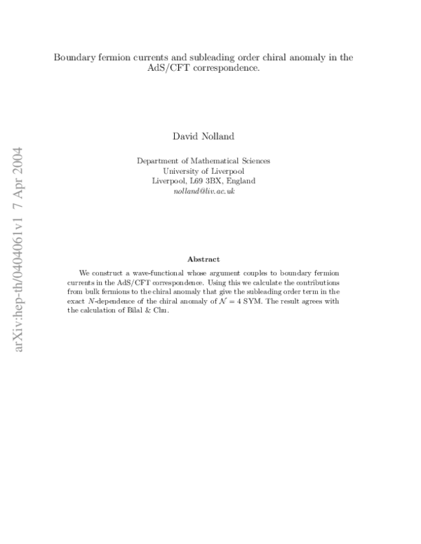 Boundary Fermion Currents And Subleading Order Chiral Anomaly In The Ads Cft Correspondence