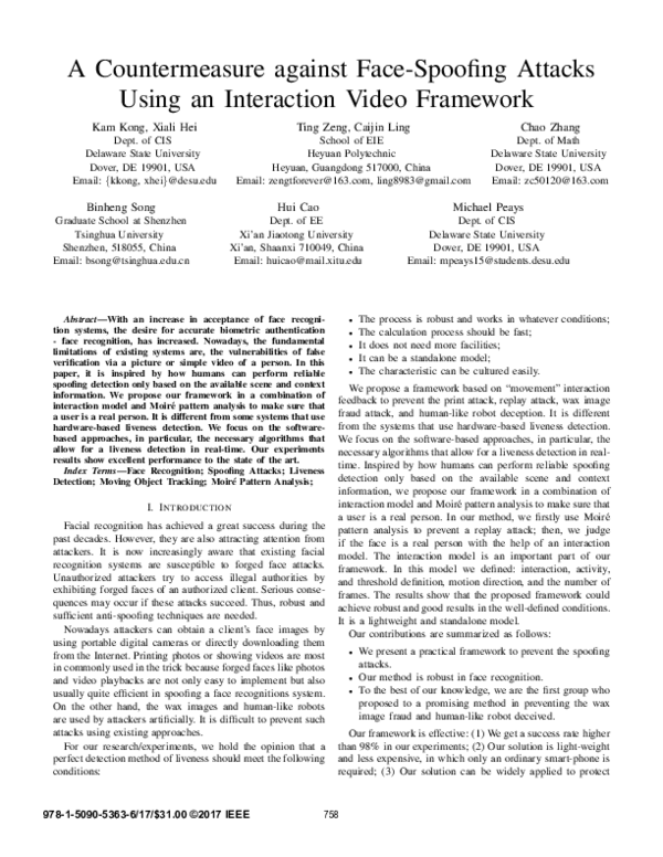 (PDF) A countermeasure against face-spoofing attacks using an interaction video framework