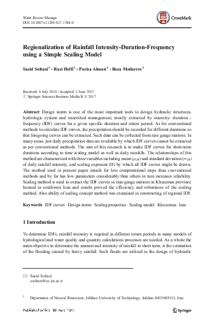 (PDF) Regionalization of Rainfall Intensity-Duration-Frequency using a Simple Scaling Model