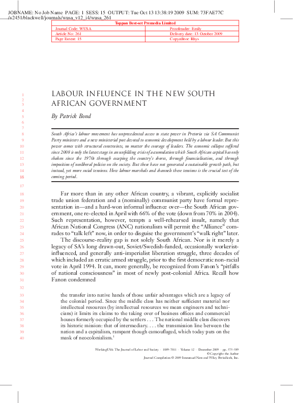 (PDF) Labour Influence in the New South African Government
