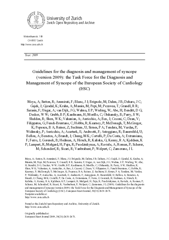 (PDF) Guidelines for the diagnosis and management of syncope (version ...