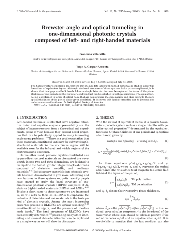 (PDF) Brewster angle and optical tunneling in one-dimensional photonic crystals composed of left ...
