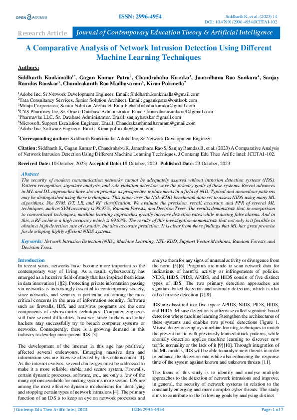 Pdf A Comparative Analysis Of Network Intrusion Detection Using Different Machine Learning
