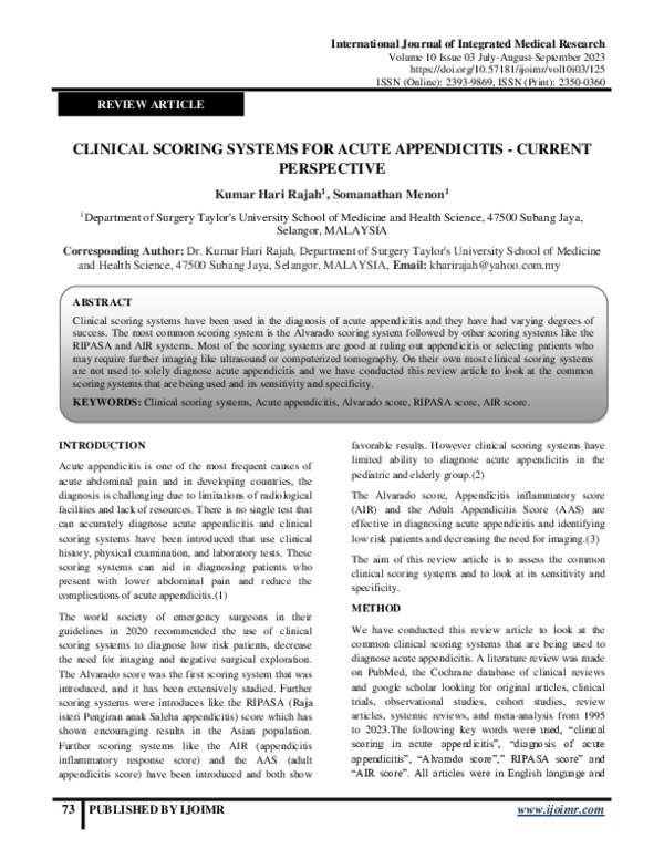 (PDF) Clinical scoring systems in acute appendicitis-Current ...