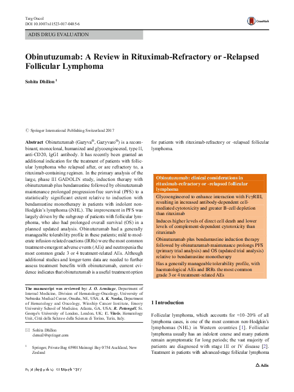 (PDF) Obinutuzumab: A Review in Rituximab-Refractory or -Relapsed ...