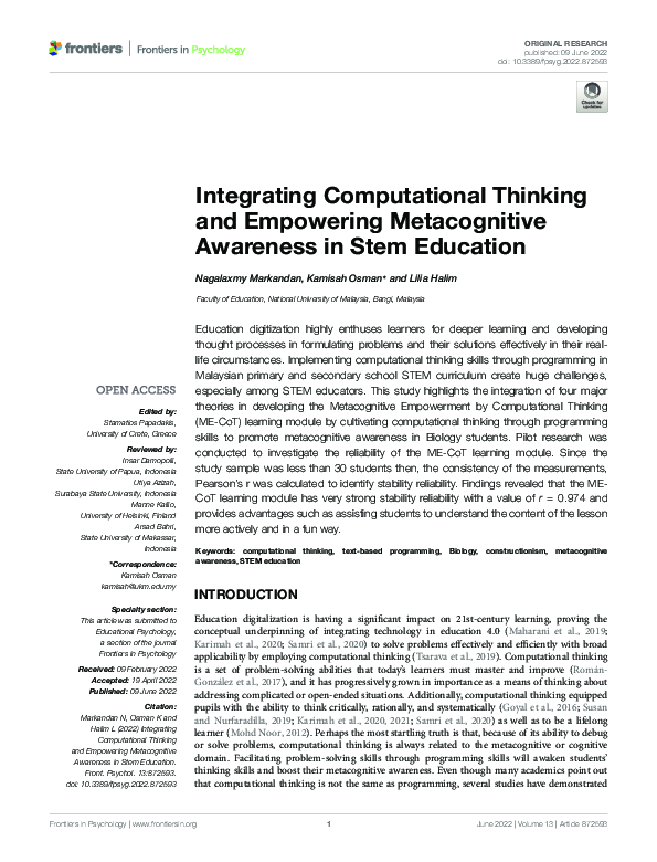 (PDF) Integrating Computational Thinking and Empowering Metacognitive Awareness in Stem Education