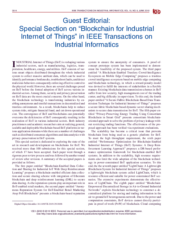 (PDF) Guest Editorial: Special Section on “Blockchain for Industrial Internet of Things” in IEEE ...
