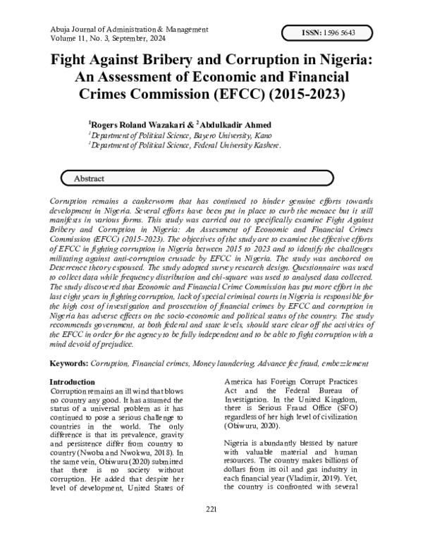 (PDF) Fight Against Bribery and Corruption in Nigeria: An Assessment of Economic and Financial ...