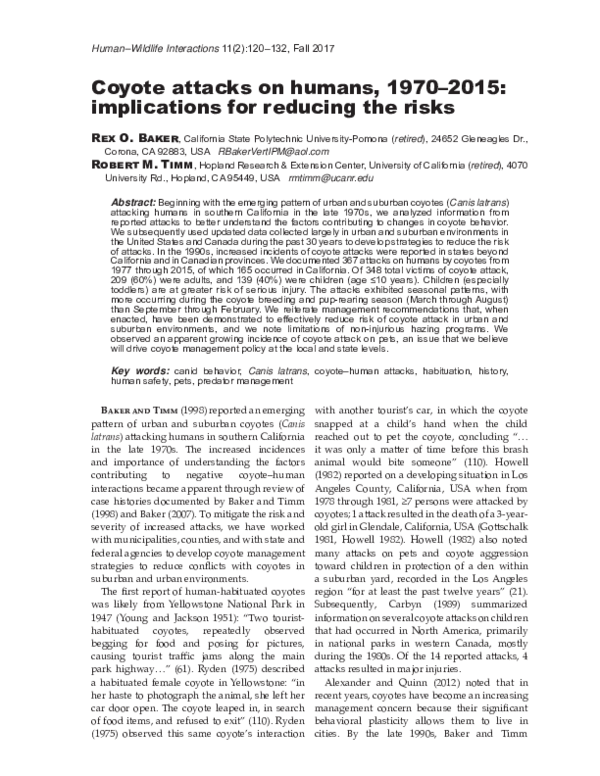 (PDF) Coyote Attacks on Humans, 1970-2015: Implications for Reducing ...