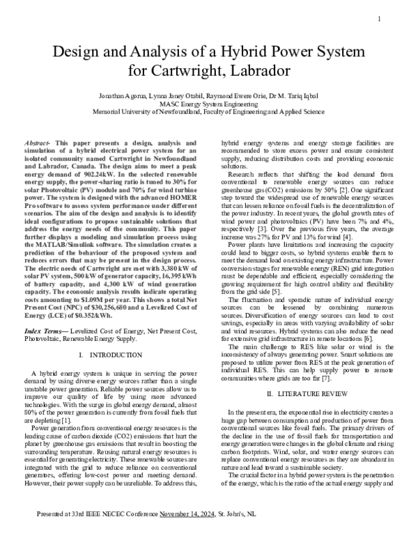 (PDF) NECEC 2024- Design and Analysis of a Hybrid Power System for ...