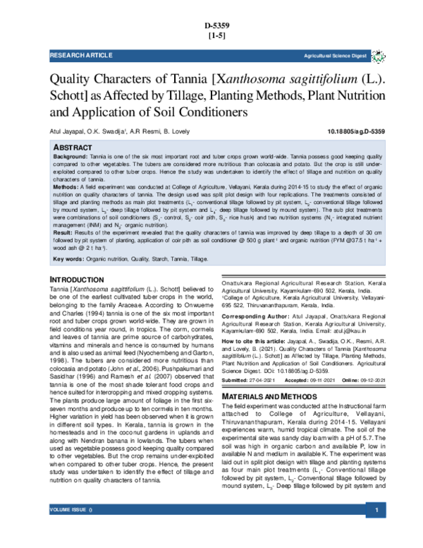 (PDF) Quality Characters of Tannia [Xanthosoma sagittifolium (L ...