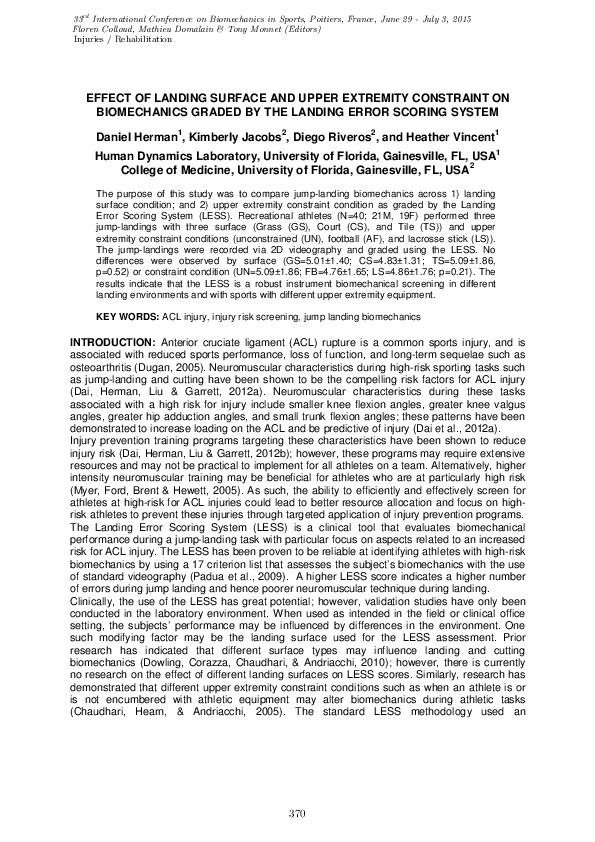 (PDF) Effect of Landing Surface and Upper Extremity Constraint on Biomechanics Graded by the ...