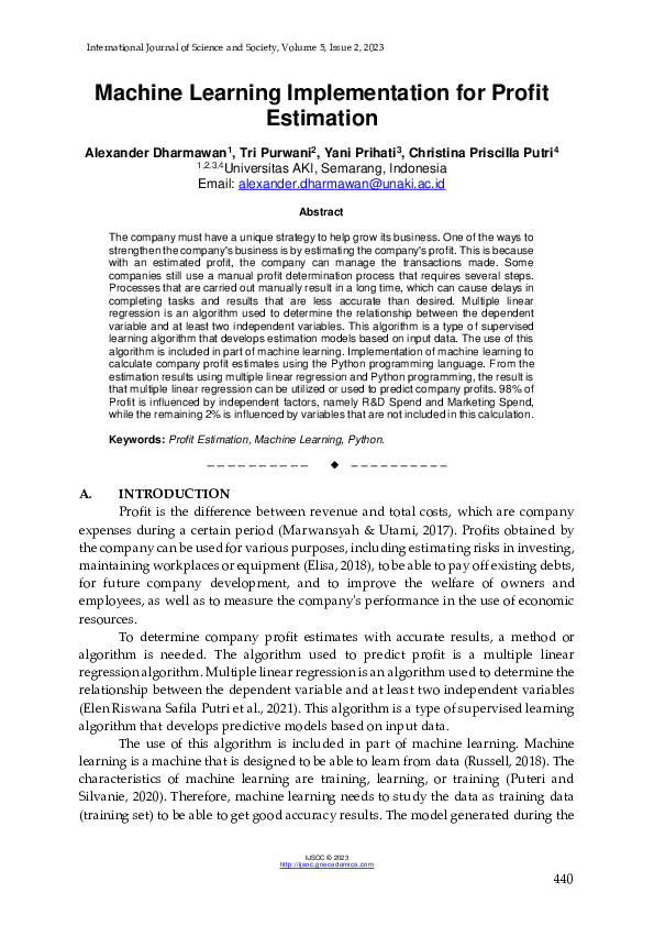 (PDF) Machine Learning Implementation for Profit Estimation