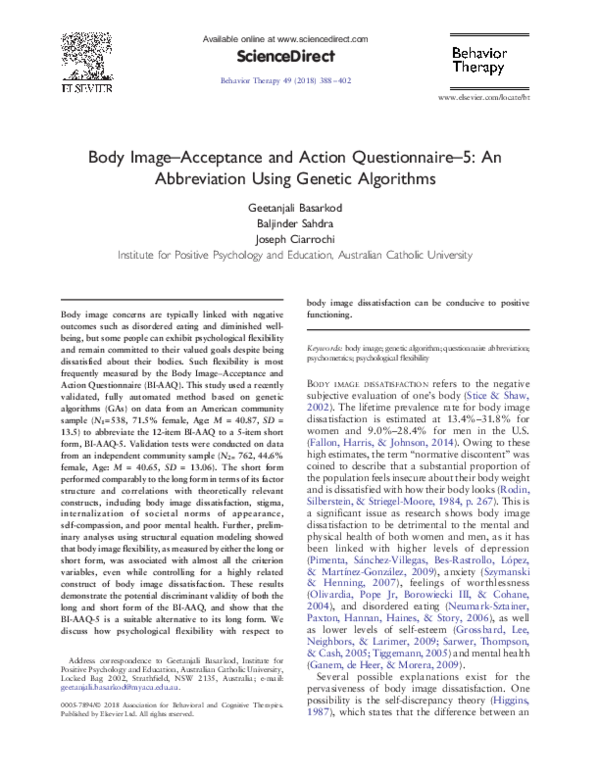 (PDF) Body Image–Acceptance and Action Questionnaire–5: An Abbreviation Using Genetic Algorithms