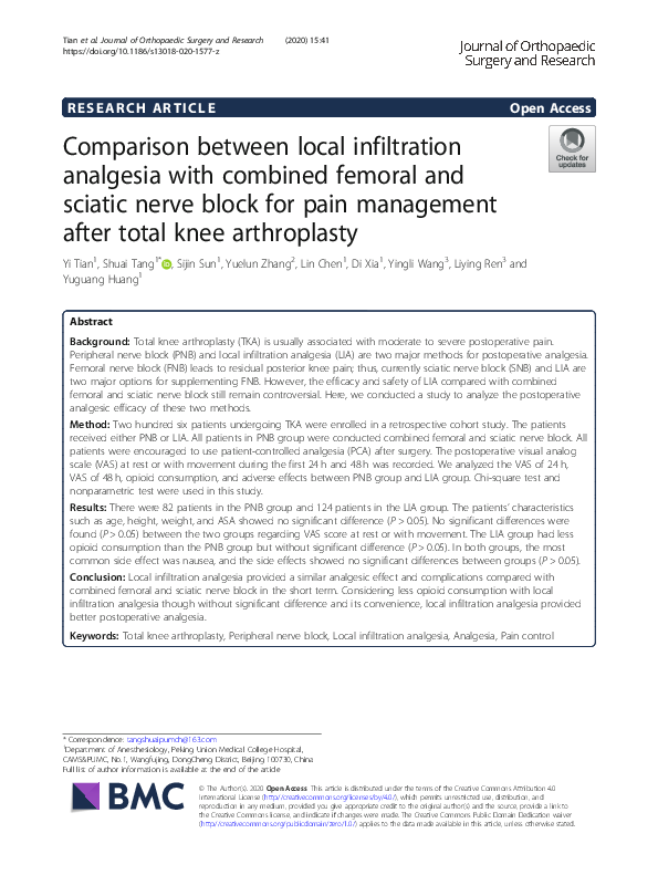 Pdf Comparison Between Local Infiltration Analgesia With Combined Femoral And Sciatic Nerve