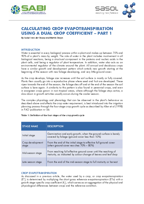 (PDF) Calculating crop evapotranspiration using a dual crop coefficient - part 1 : technical