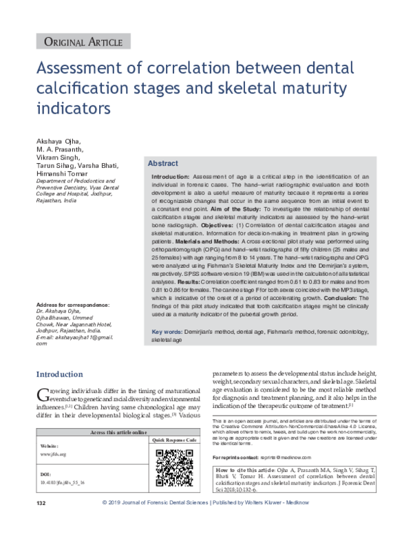 (PDF) Assessment of correlation between dental calcification stages and skeletal maturity ...