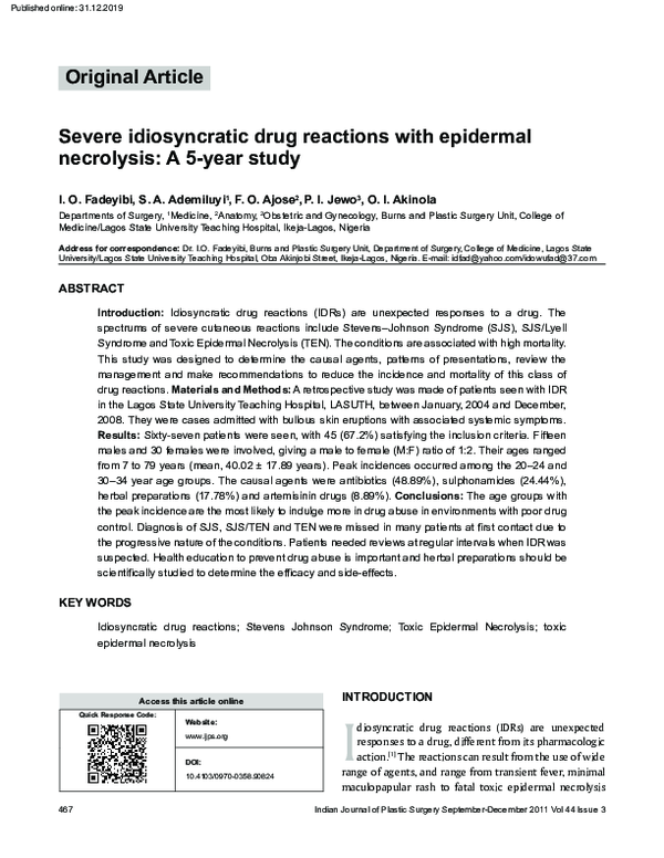 (PDF) Severe idiosyncratic drug reactions with epidermal necrolysis: A ...