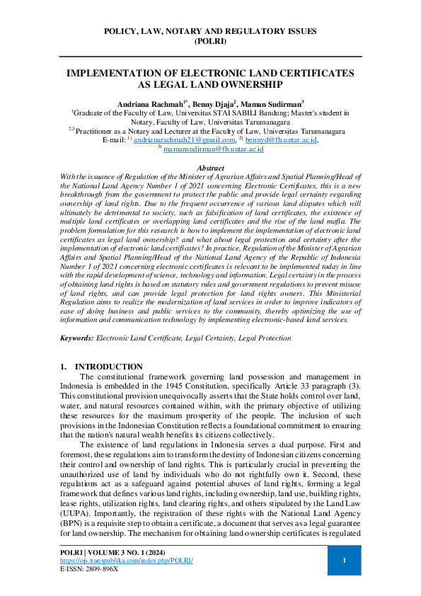 (PDF) Implementation of Electronic Land Certificates as Legal Land ...