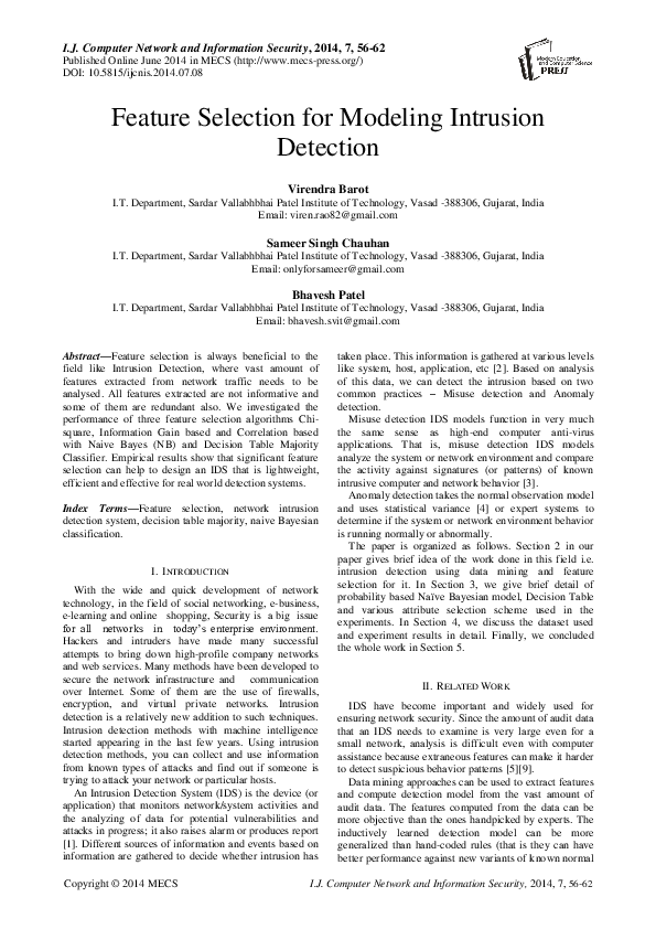 Pdf Feature Selection For Modeling Intrusion Detection