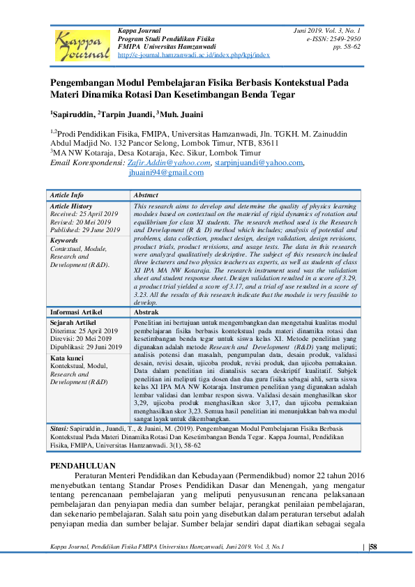 (PDF) Pengembangan Modul Pembelajaran Fisika Berbasis Kontekstual Pada Materi Dinamika Rotasi ...