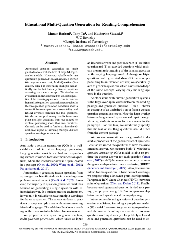 (PDF) Educational Multi-Question Generation for Reading Comprehension