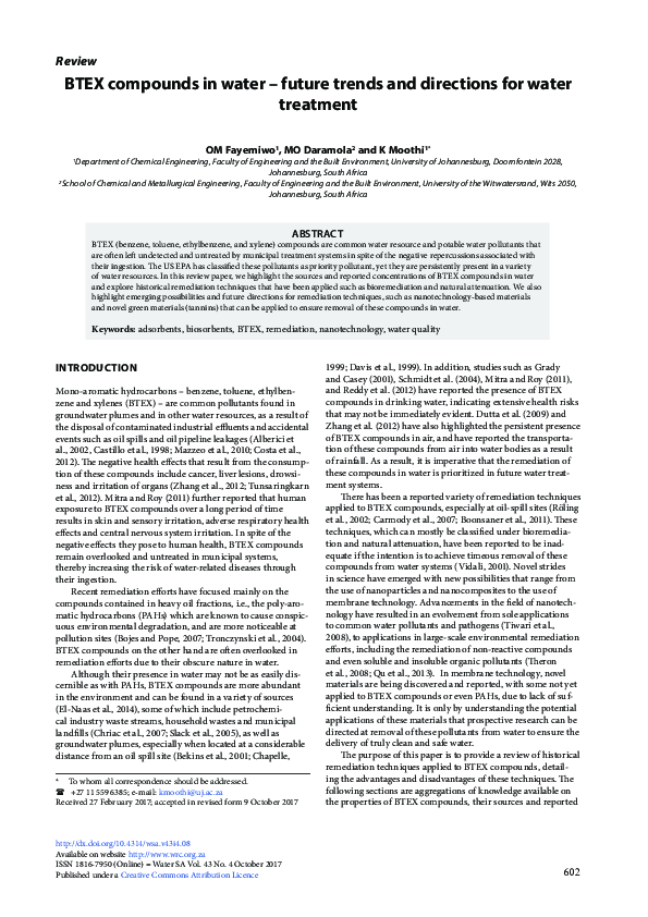 (PDF) Review: BTEX compounds in water – future trends and directions ...