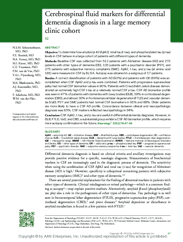 (PDF) Cerebrospinal fluid markers for differential dementia diagnosis in a large memory clinic ...